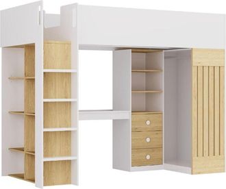 Vente-Unique Lit mezzanine 90 x 190 cm avec bureau et penderie - Coloris : Blanc et naturel - LORINTI