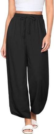 Generic Pantalon en lin pour femme, taille haute, jambes larges, d&eacute;contract&eacute;, &agrave; enfiler, taille &eacute;lastique, pantalon court d&eacute;t&eacute; avec poches, Noir, XXL