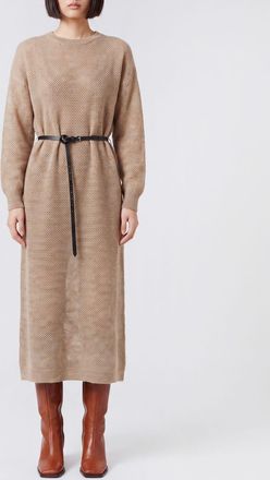 Brunello Cucinelli Robe midi en maille en m&eacute;lange de mohair avec ceinture et col rond