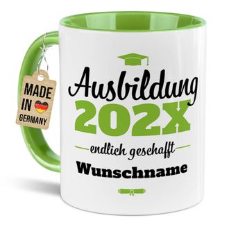 Tassendruck Tasse mit Spruch - Ausbildung - Endlich geschafft - mit Name & Abschlussjahr selbst gestalten - Geschenk f&uuml;r den Ausbildungsabschluss, Innen & Henkel 