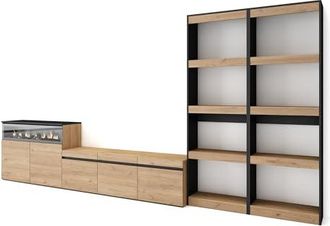 Skraut Home | Wohnwand Wohnzimmer | Wohnzimmerm&ouml;bel, M&ouml;belset | 370x186x35cm | F&uuml;r TV-Ger&auml;te bis zu 65 | Elektrokamin. | Moderner Stil | Eiche Schwarz