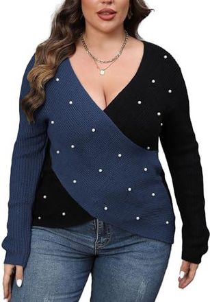 Generic Pull Femme Grande Taille Bloc de Couleurs Profond Col V Crois&eacute; Top Automne &Eacute;l&eacute;gant Perles D&eacute;coratives