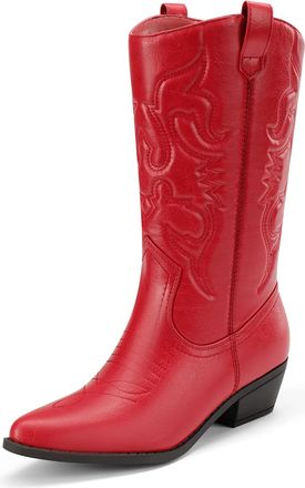 Dream Pairs Damen Cowboy Stiefel, Kn&ouml;chelhohe Cowgirl Stiefel mit Stickerei, Western Chunky Niedrigabsatz Schuhe,Size 40.5,Rot,SDMB2218W