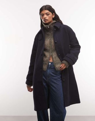 Monki manteau en m&eacute;lange de laine &agrave; col chemin&eacute;e bleu marine