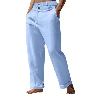 Generic Pantalon de jogging pour homme en lin avec jambe droite et taille et cravate pour printemps et automne, bleu, XXL