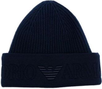 Emporio Armani Homme, Accessoires, Bleu, Taille: ONE Size Bonnet c&ocirc;tel&eacute; avec logo en relief