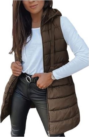Generic Manteau gilet Long for femmes, veste rembourr&eacute;e de Style Parka sans manches, gilet long matelass&eacute; &eacute;pais for lautomne et lhiver(Coffee,4XL)