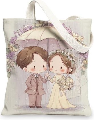 Generic Sacs fourre-tout en toile pour mariage, adorables couples, sacs à main réutilisables, romantiques floraux, légers et lavables, beige, 13x15 Inch