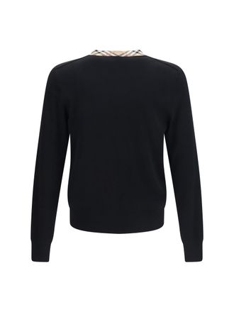 Burberry Mens Check Trim Wool Sweater Black Merino Ovis Aries