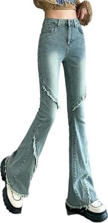 Generic QXDZSW Jeans &eacute;vas&eacute;s &agrave; bords bruts, coupe droite, taille haute, pantalon en denim solide pour femmes, pantalon d&eacute;contract&eacute;, bleu, XS