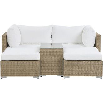 Beliani Mini Salon de Jardin Modulable 2 places en Rotin Marron Clair avec Coussins en Tissu Blanc Cass&eacute; Ensemble El&eacute;gant pour Terrasse ou Balcon Beliani
