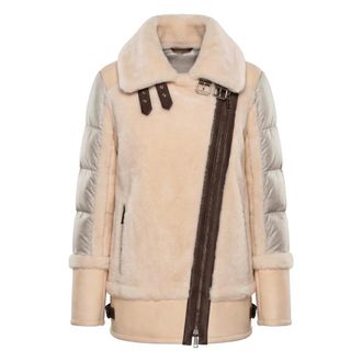Moorer Veste beige avec d&eacute;tails en cuir marron - Femme - Vestes - Beige - Taille: 34 FR