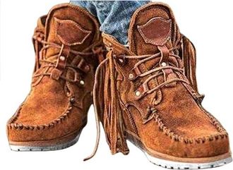 Generic Bottes à franges vintage pour femme - Style cowboy - Courtes à lacets - Bout rond - Épaisse - Chaussures de marche avec franges - Style ethnique - Tal