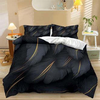 Generic Goldlinien Federn Bettwäsche Bettbezug 200 x 200 cm Bequem Bettdecke CoverTeilig Schwarz Weiche Mikrofaser Bettbezug mit Reißverschluss und 2 Kissenbe