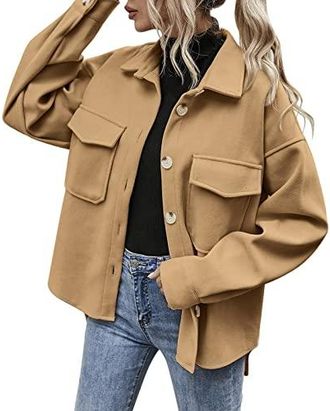 Generic Vestes pour femmes 2026 veste en laine boutonn&eacute;e de couleur unie d&eacute;contract&eacute;e &agrave; revers court ample, kaki, XL