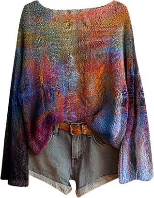 Generic Pull dégradé de couleur pour femme - Manches longues - Coloré - Hauts amples - Élégant - Printemps - Hiver - Loisirs - Col rond - Décontracté - Pull t