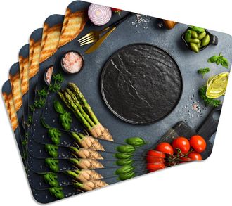 MG Design Set aus 6 Kork-Platzsets - Vegetable - 30 x 40 cm - hitzebest&auml;ndig & abwischbar, mit Korkr&uuml;ckseite