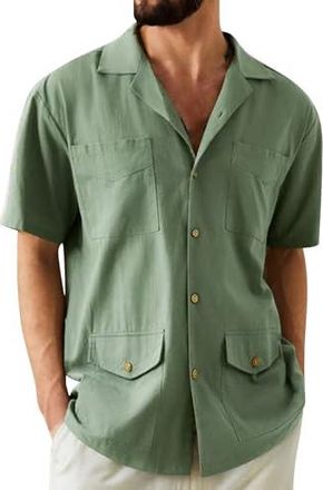 Generic Chemise Henley en coton et lin pour homme - Couleur unie - Revers simple boutonnage - Double face - Grandes poches - Chemise classique en coton et lin