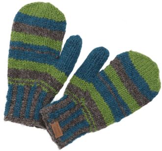 Guru Shop Handgestrickte Fausthandschuhe, Gestreifte Wollhandschuhe, Handschuhe, Fauster aus Nepal - Petrol/gr&uuml;n, Herren/Damen, Wolle