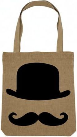 Fabulous Sac Shopping Tote Bag Aspect Lin - Gentleman Design Noir et Blanc Chapeau Melon et Moustache - Sac de Courses Toile Epaisse 360g Beige Naturel Cabas P
