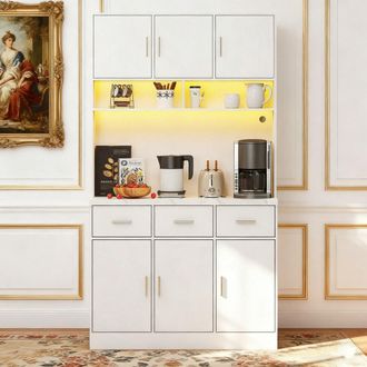 Generic 100x40x180cm, multifunktionales Buffet mit LED-Beleuchtung mit Fernbedienung, Schubladen, verstellbaren Einlegeböden, Kabelführungslöchern und Steckdo