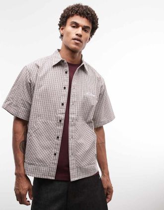 XLARGE Chemise &agrave; carreaux doubles avec manches courtes et poches kangourou - Beige-Marron