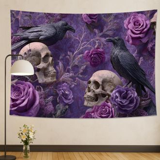 Generic Totenkopf Wandteppich Lila Rabe Blumen Rosen Gothic Wandbehang Mystische Halloween Dekoration für Schlafzimmer Wohnzimmer 127 x 152,4 cm