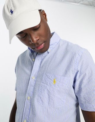 Polo Ralph Lauren Chemise manches courtes coupe classique en cr&eacute;pon &agrave; rayures - Bleu/blanc