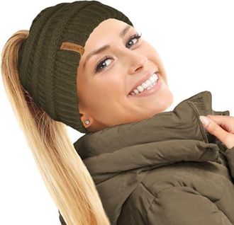 TOSKATOK Dames Femmes Bonnet Queue de Cheval Plaine Chignon décoiffé Hiver Beanie Chapeau Cap Serre-tête-Taille Unique-Olive