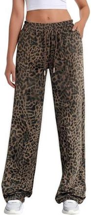 Generic Pantalon imprim&eacute; l&eacute;opard pour femme - Pantalon de pyjama &agrave; jambe large - Cordon de serrage - Coupe classique - Pantalon ample doux - Taille &eacute;lastique 