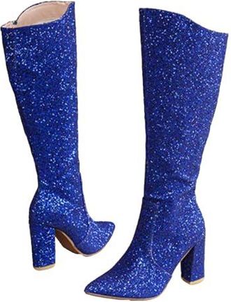 Generic Bottes &agrave; talons &eacute;pais scintillants pour le printemps et - Sexy - Bottes hautes rondes &agrave; gros talons pour femme, bleu, 35 EU