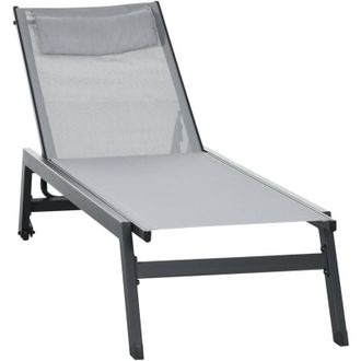 OUTSUNNY Bain de soleil transat inclinable 5 positions - t&eacute;ti&egrave;re, 2 roulettes - alu. textil&egrave;ne gris