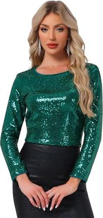 Allegra K Haut &agrave; Paillettes pour Femme Col Rond Manches Longues Chemisier de F&ecirc;te Tops Sequins Vert fonc&eacute; XL