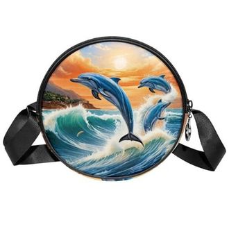 Generic Petit sac &agrave; bandouli&egrave;re rond pour femme, motif dauphins oc&eacute;aniques, avec fermeture &eacute;clair, bretelles r&eacute;glables, sac &agrave; main rond d&eacute;contract&eacute; pour femme