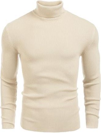 Coofandy Pull Homme Col Roul&eacute; Tops Tricot&eacute; Hiver Slim Fit Pulls &agrave; Manches Longues Basique Chauds Pullover Sweater Beige XL