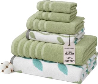 Modern Threads Amrapur 6-Piece Yarn Dyed Organic Vines Jacquard/Solid Ultra Soft 550GSM 100% Combed Cotton Towel Set 2 Badet&uuml;cher, 2 Handt&uuml;cher, 2 Waschlappen, Baumw