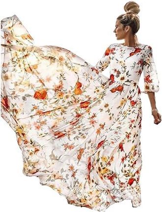 Generic Robe amincissante longue en mousseline de soie &agrave; motif floral pour femme, tenue d&eacute;contract&eacute;e pour printemps et automne avec jupe &eacute;vas&eacute;e, coupe ajust&eacute;e
