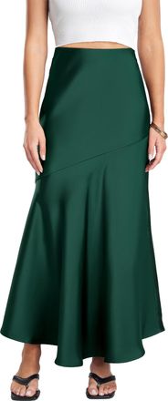 Feoya Damen Satin Seidiger Maxirock Hohe Taille Eleganter Party Rock A Line Ausgestellte Lange Röcke 03 Dunkelgrün XL