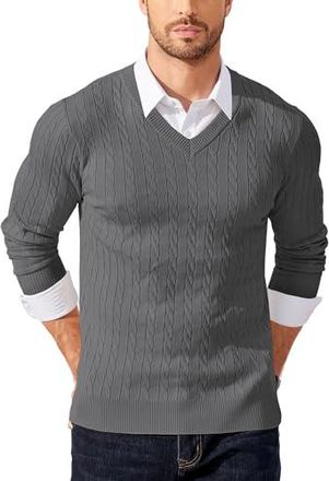Coofandy Hommes Pull Col V Manches Longues Tricot Fin Motif Torsadé Pull dhiver Chandail Gris foncé XXL