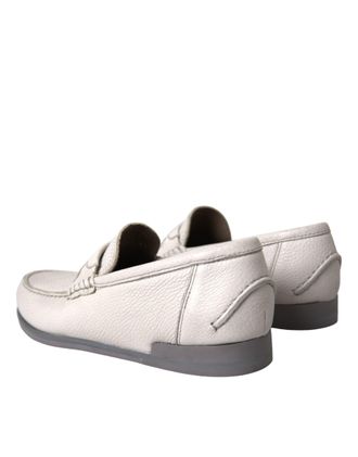 Dolce & Gabbana Mens White Gray Leather Slip Mocassin Shoes Loafer