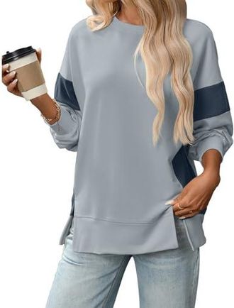 Generic Sweat-shirt d&eacute;contract&eacute; surdimensionn&eacute; &agrave; col rond avec manches textur&eacute;es, &eacute;paules tombantes et fente lat&eacute;rale pour femme, Gris/bleu, XXL