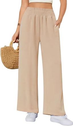 Heekpek Pantalon d&eacute;t&eacute; large pour femme - &Eacute;lastique - Taille haute - Fluide - L&eacute;ger et confortable - D&eacute;contract&eacute; - Pantalon Palazzo &eacute;l&eacute;gant - Avec poches, kaki