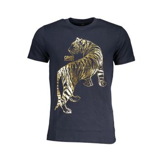 Cavalli Druck Logo Rundhals T-Shirt - - Tops - Herren - Blau - XL