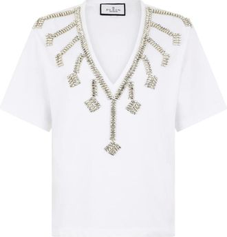 Philipp Plein Femme, Tops, Blanc, Taille: 38 FR T-Shirt Col V Franges en Cristal