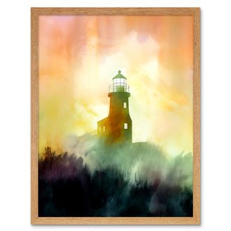 Artery8 Lighthouse in the Fog Watercolour Painting Soft Atmospheric Light Coastal Landscape Artwork Framed Wall Art Print 9X7 Inch