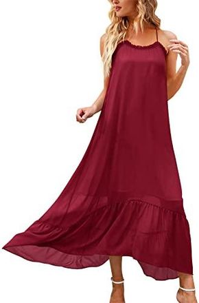 Generic Robe boh&egrave;me 2026 pour femme, couleur unie, sans bretelles spaghetti, sans manches, robe d&eacute;contract&eacute;e ample &agrave; volants, robe maxi de plage, Rouge, M