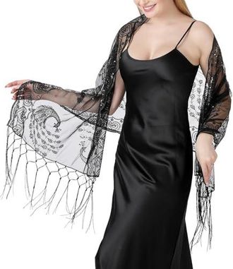 Generic Poncho Femme Hiver Chaud Chale Femme Hiver Chaud Cape Femme Effet enveloppant Ch&acirc;le Paillet&eacute; Brod&eacute; Frange &Eacute;l&eacute;gante Pour Occasions Formelles