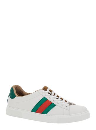 Gucci Mens White Sneaker With Web Detail Calf Trainers