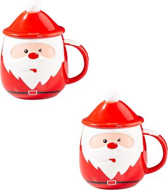 Generic 2 Stück Weihnachts-Kaffeetasse, 450 ml, Keramik-Weihnachtsmann-Tassen mit Deckel und Löffel für Kaffee, Tee, Milch, heiße Schokolade, Frauengeschenk, 