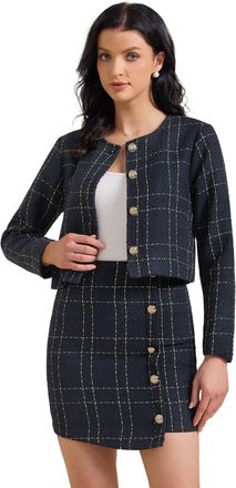 Allegra K Damen 2 St&uuml;ck Rock Sets Tweed Blazer Button Down Jacke Minirock Set Business Casual Outfits 2025, Dunkelblau, Gro&szlig;
